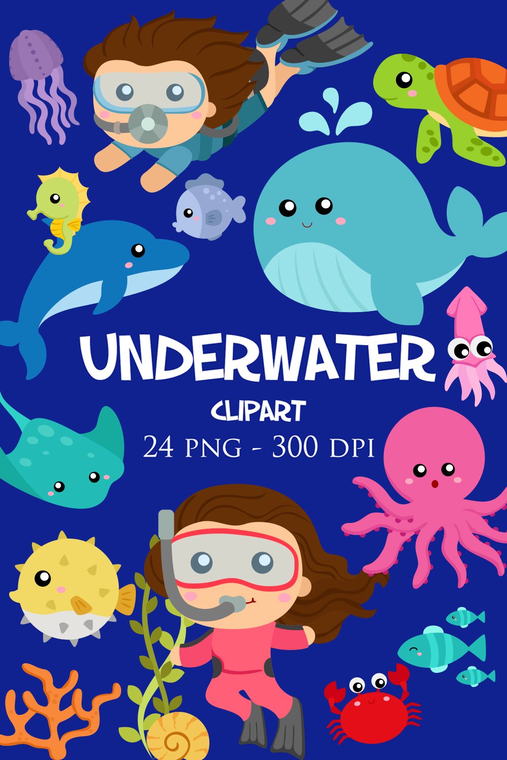 Kids Diving Underwater Animals Illustration Cartoon clipart