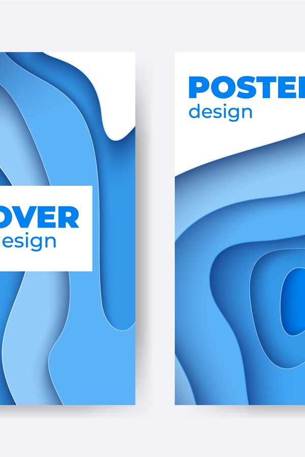 Paper cut abstract poster set. 3D paper colorful cutout flye