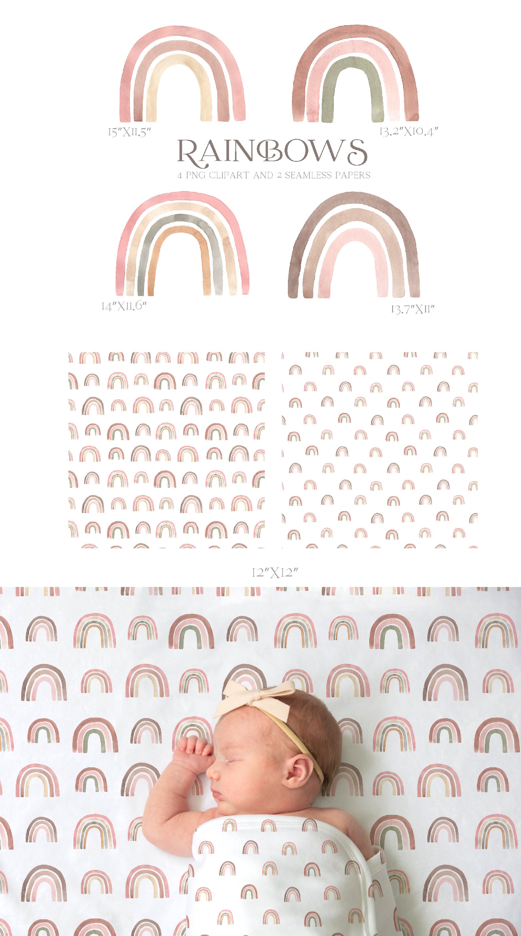 Watercolor Pink Pastel Baby Rainbow Clipart