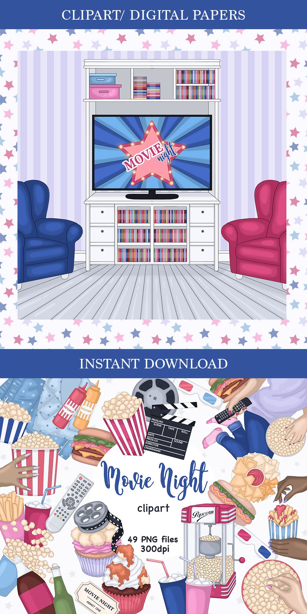 Movie Night Scene Clipart | Living Room Illustration