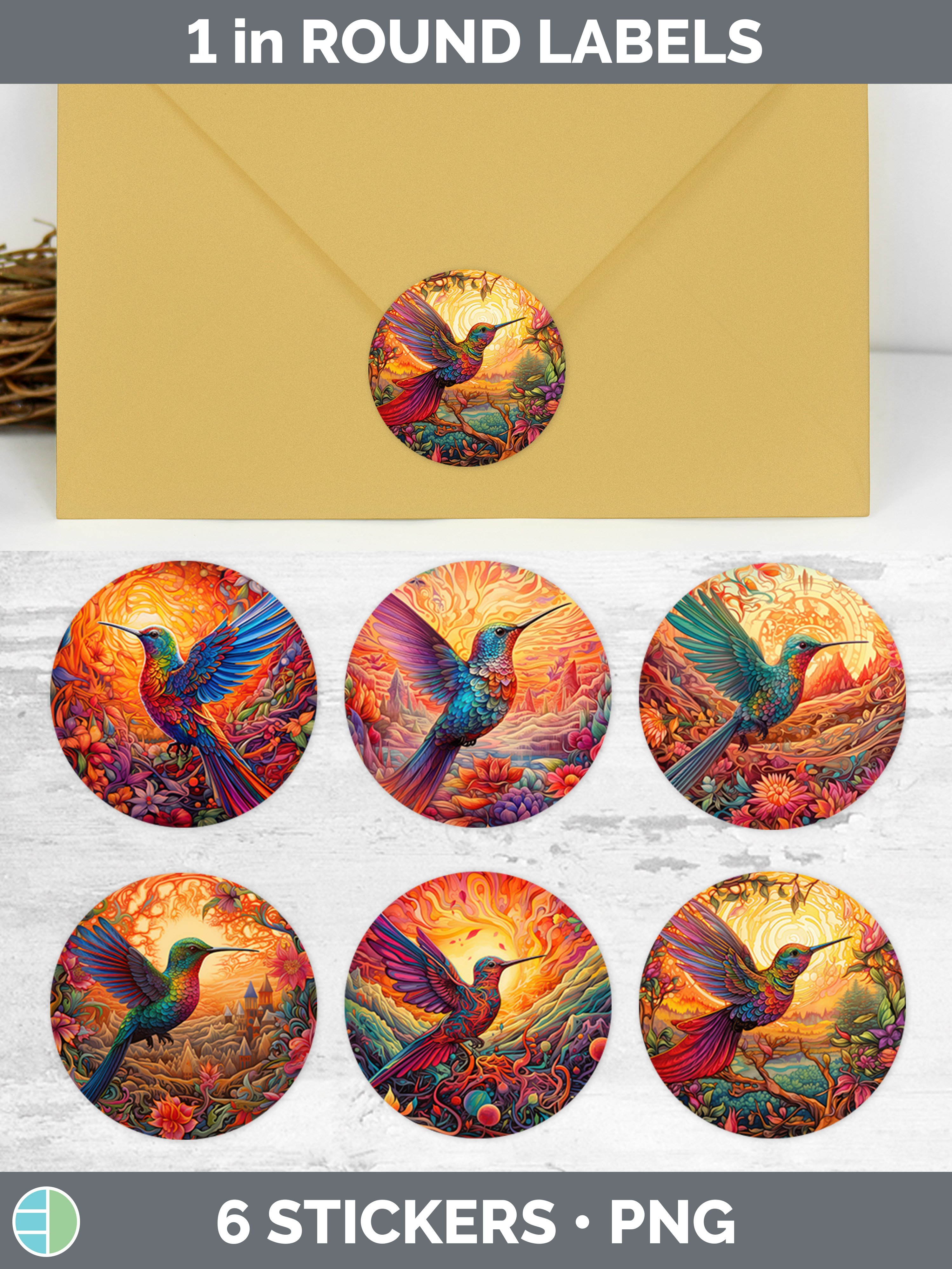Psychedelic Hummingbird Bird Stickers | Round Labels Designs