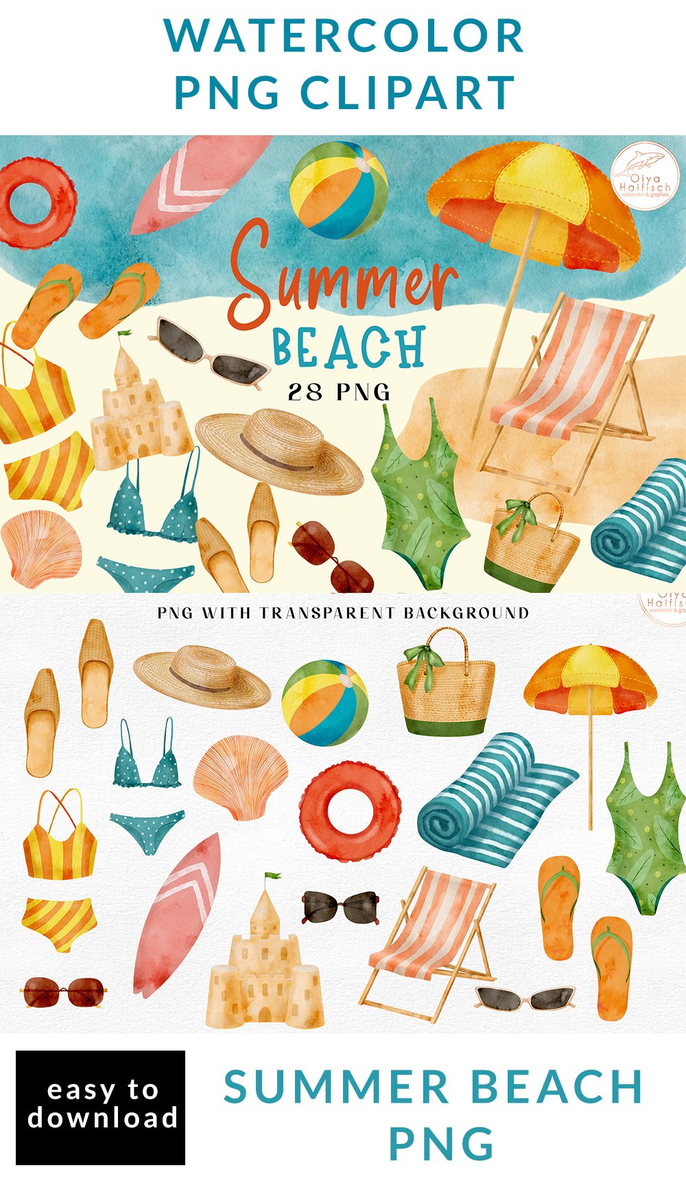 Watercolor Beach Clipart. Summer Vacation PNG Bundle