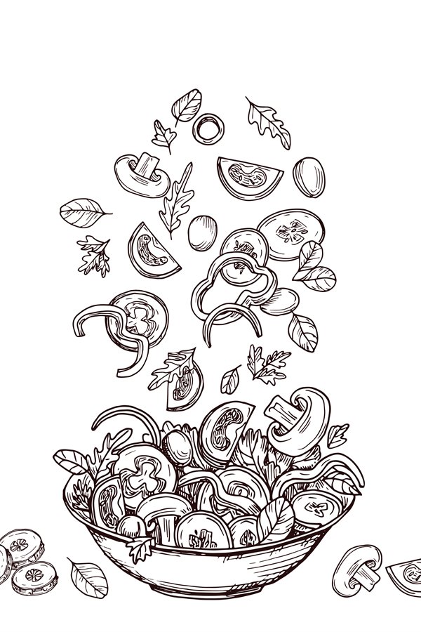 Hand drawn salad. Fresh vegetable slices falling to salad-bo