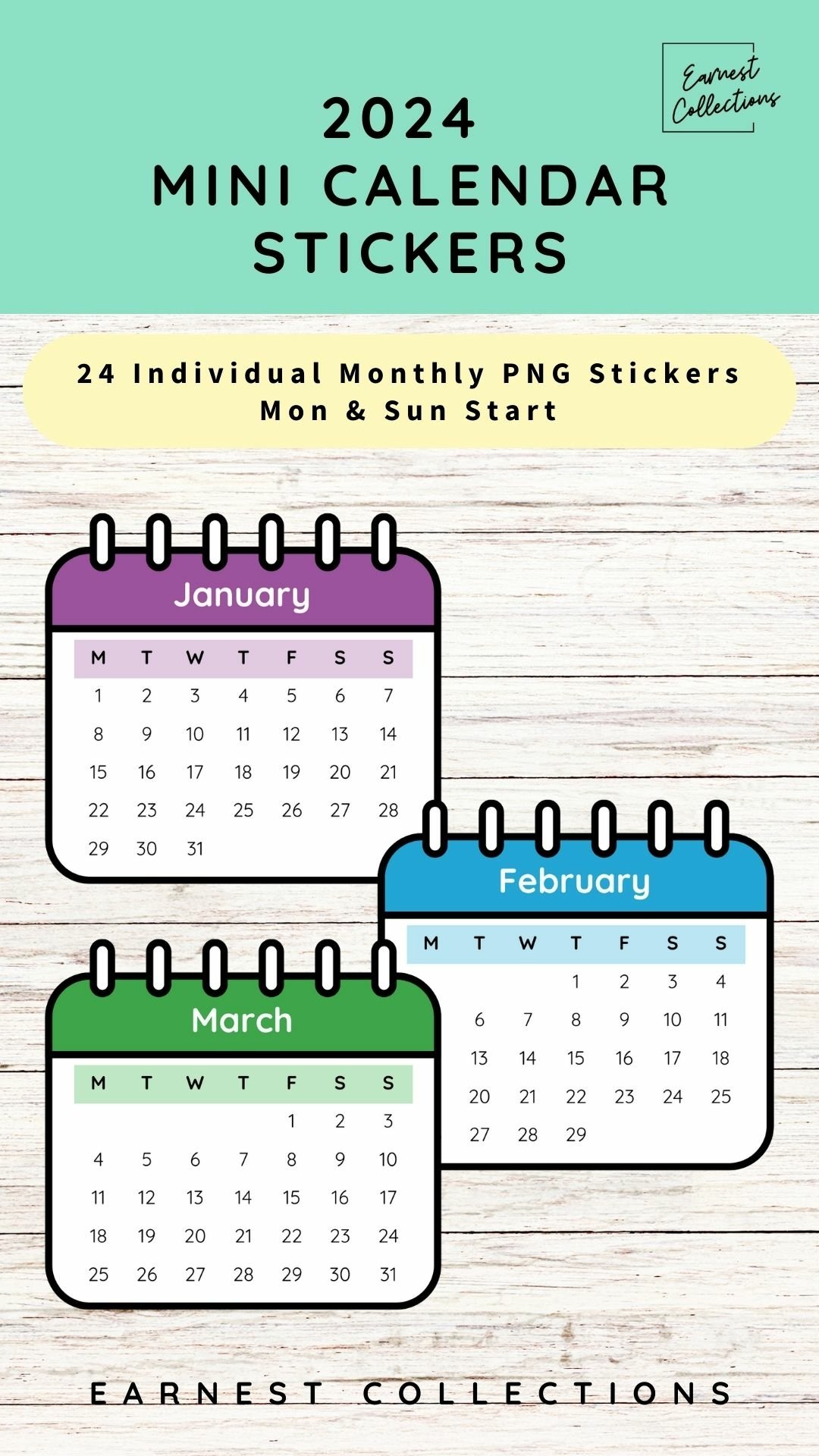 2024 mini calendar stickers for bullet journal and planner