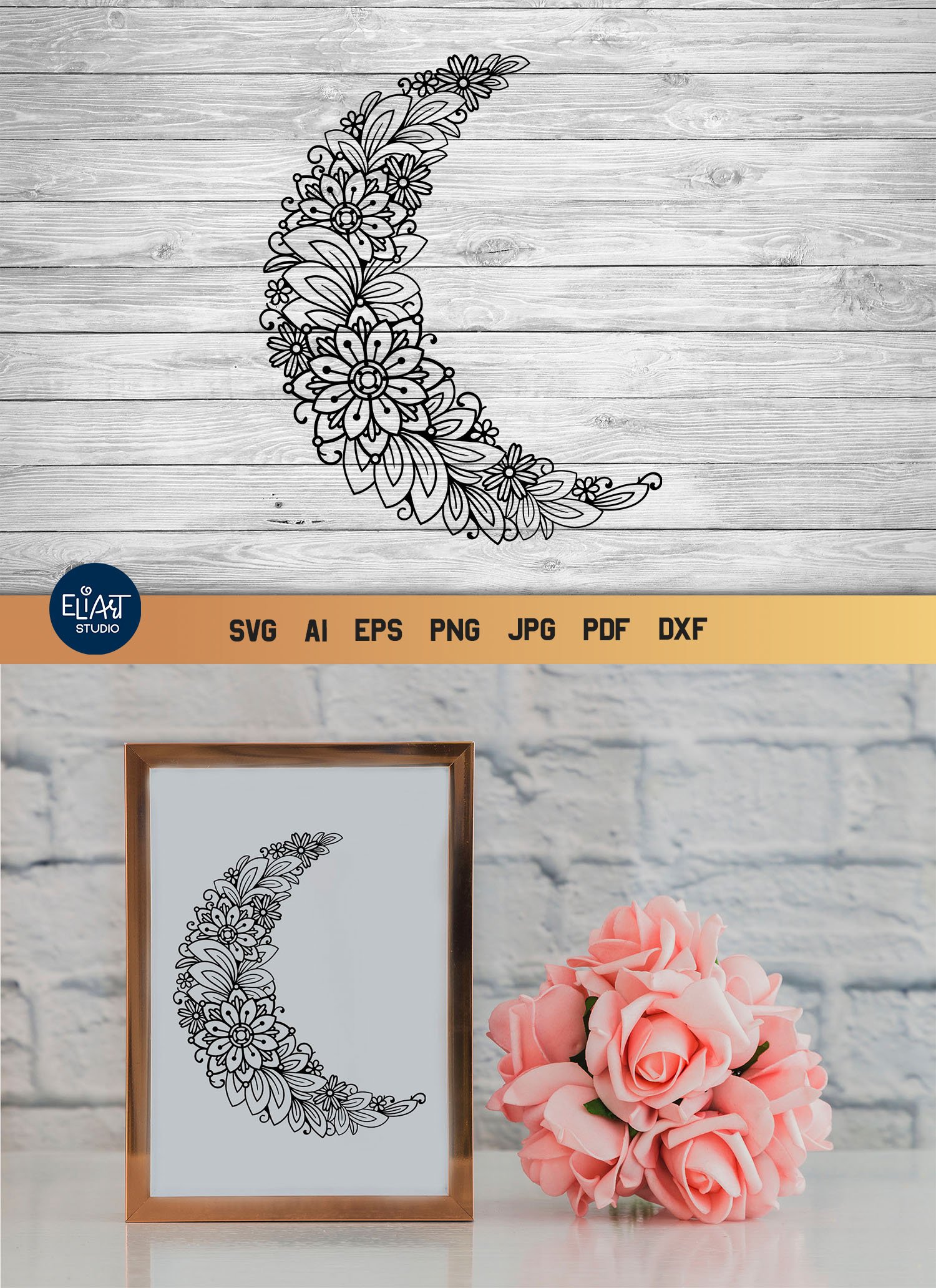 Floral Moon SVG | Half Moon SVG | Celestial SVG