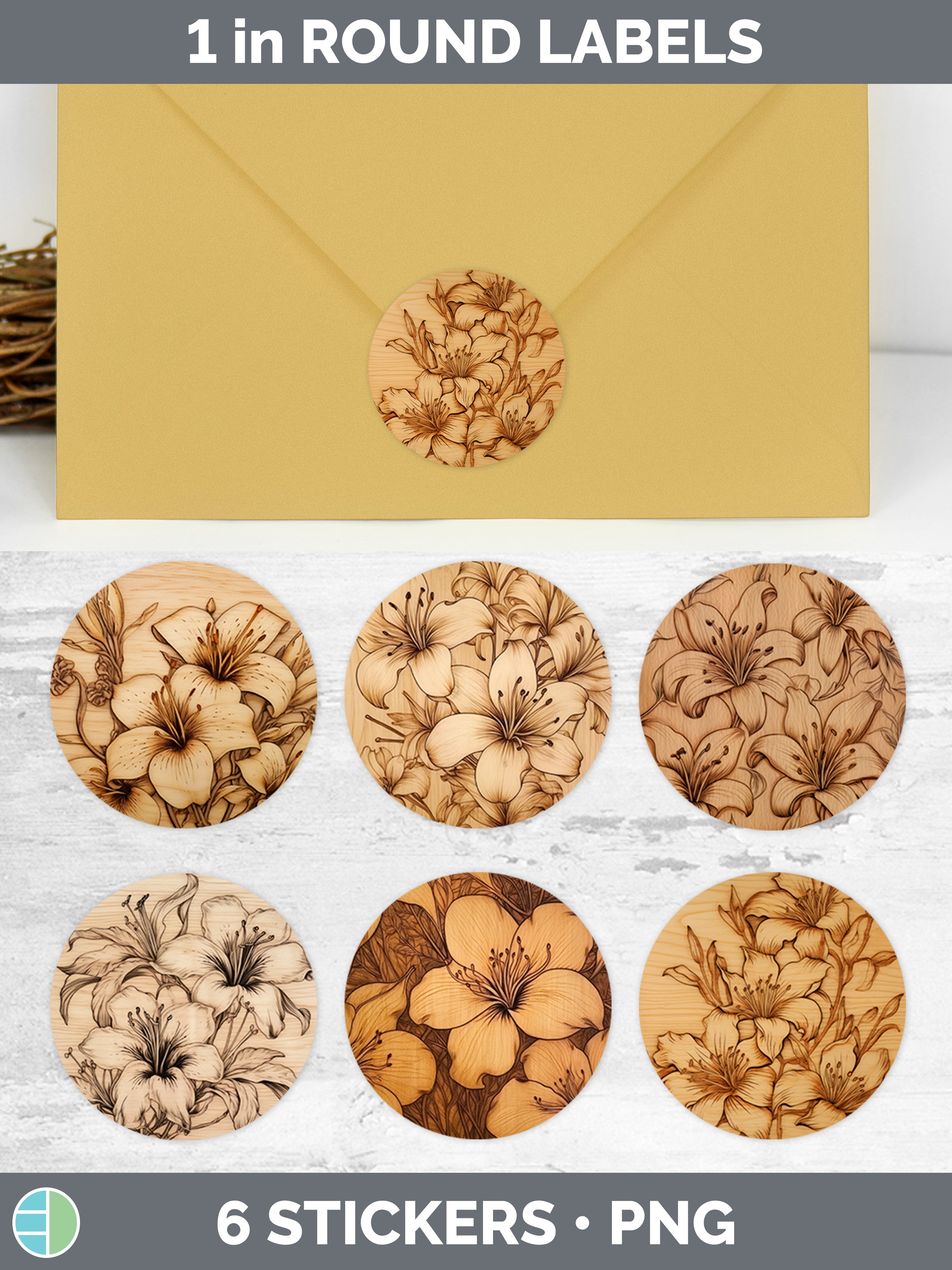 Wood Burned Azalea Flowers Stickers | Round Labels Designs B