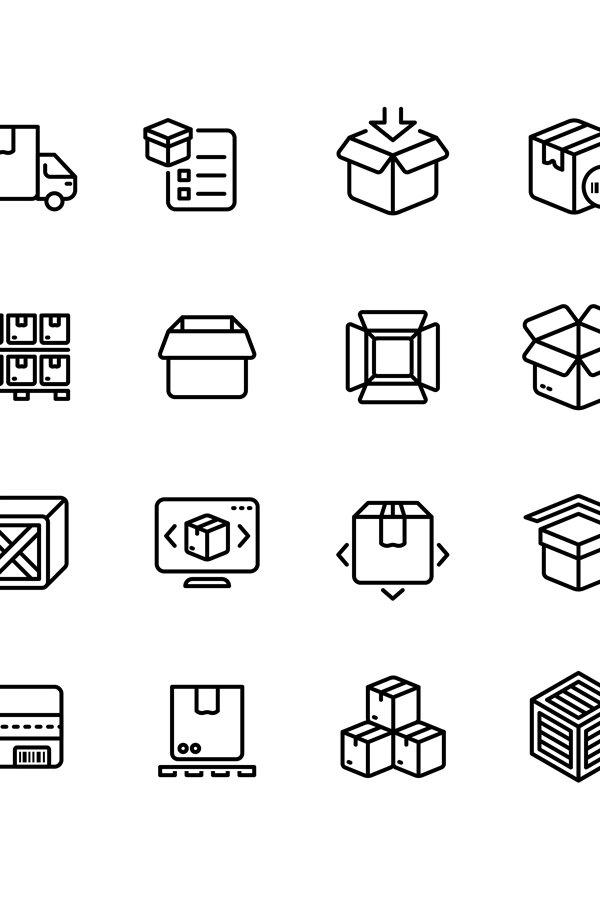 Product packing line icons. Box warehousing outline vector s
