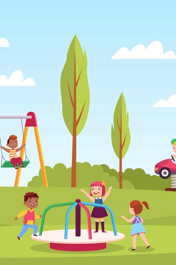 Children playground playing. Happy girls and boys play playi