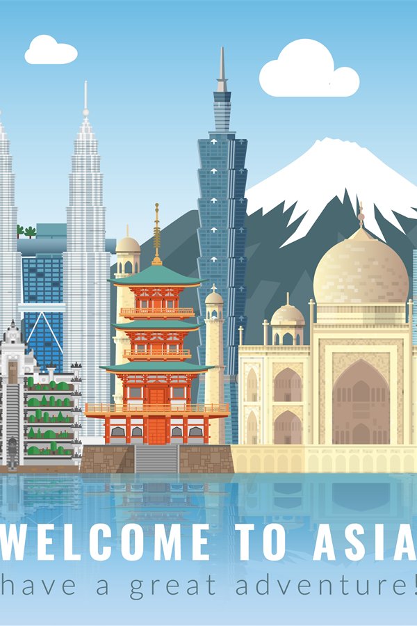 Asia skyline. Travel landmarks panoramic poster with text, h