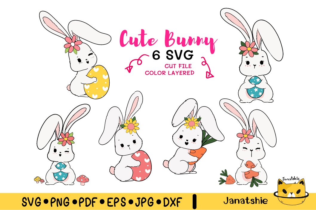 Cute Spring Easter bunny cartoon clipart set SVG DXF PNG