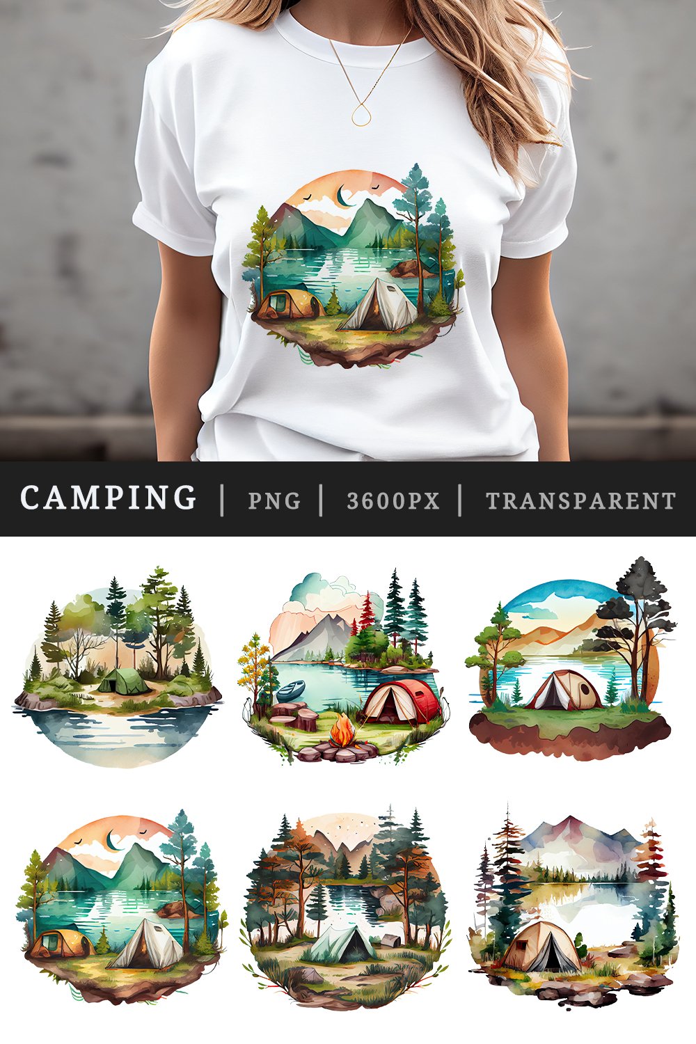 Watercolor camping t-shirt sublimation print designs bundle