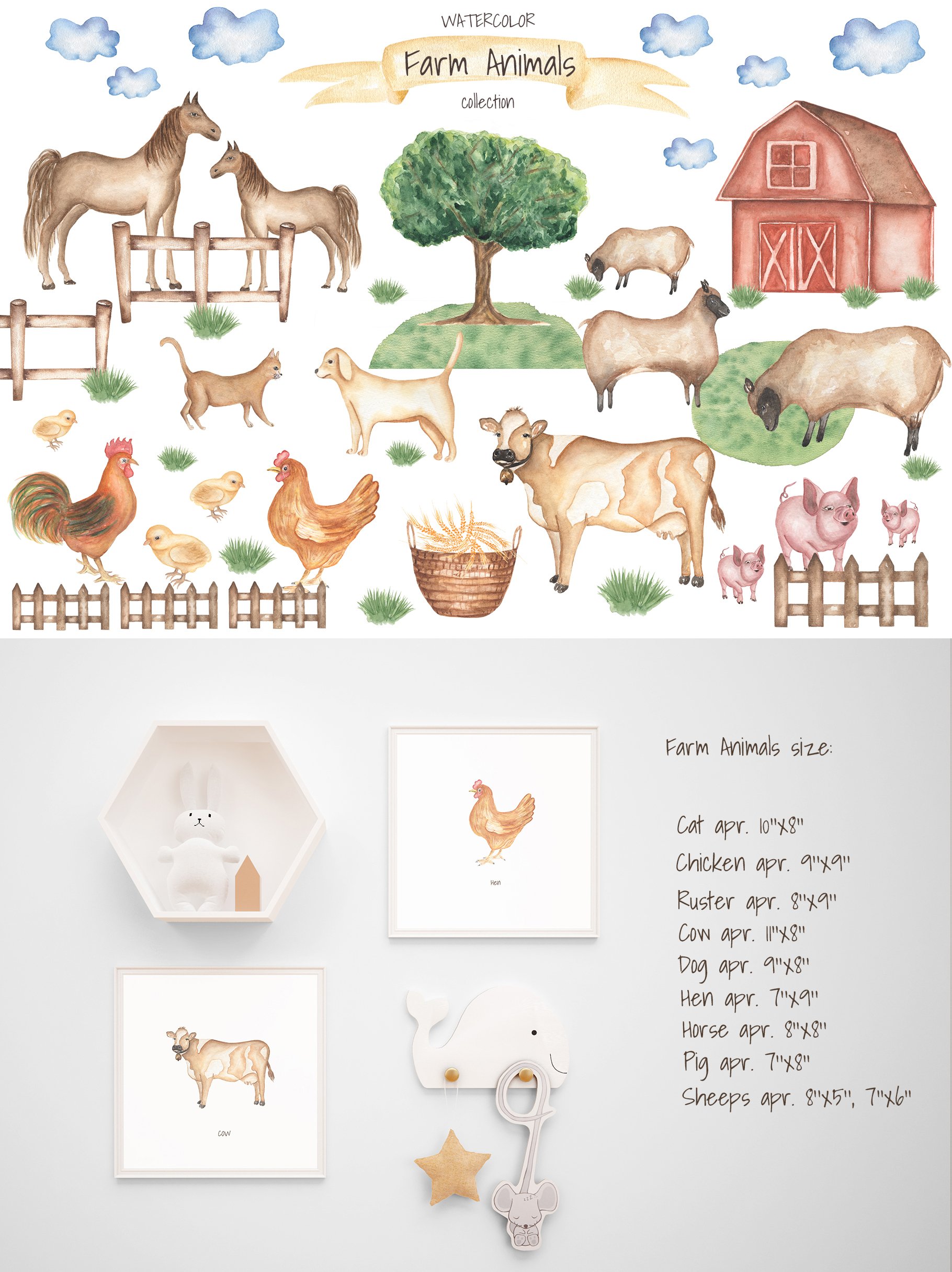 Watercolor Farm Animals set