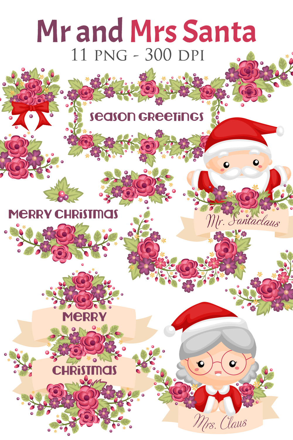 Cute Mr and Mrs Santa Claus Christmas Character Clipart
