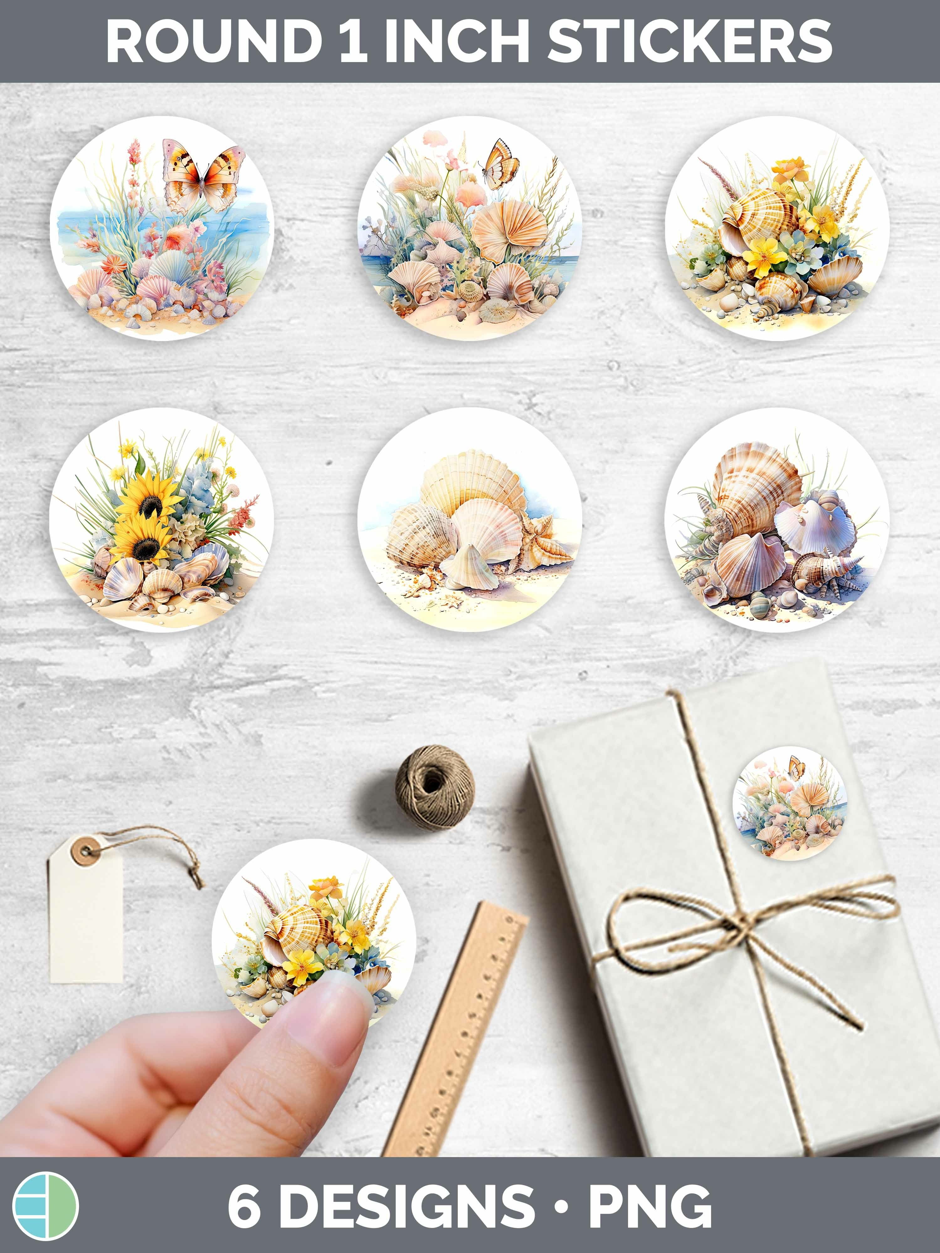 Watercolor Seashell Stickers | Round Labels Bundle