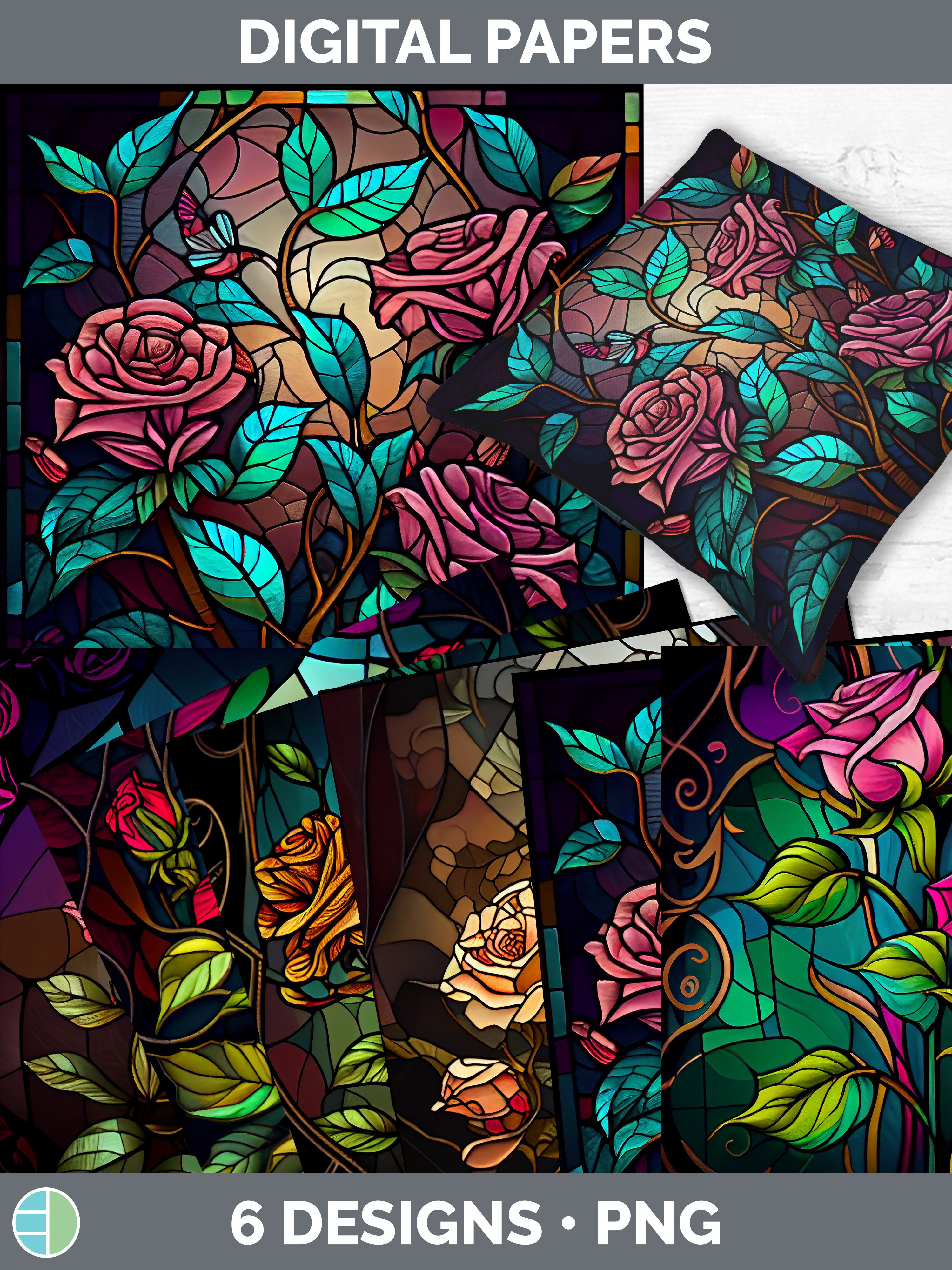 Stained Glass Rose Flowers Paper Backgrounds | Digital Scrap