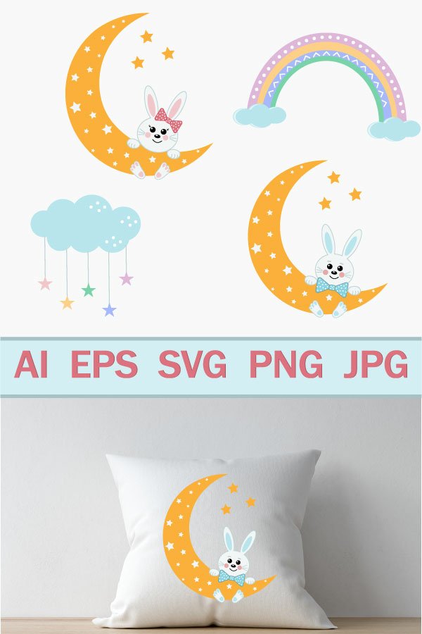 Cute Bunnies on the Moon, SVG format