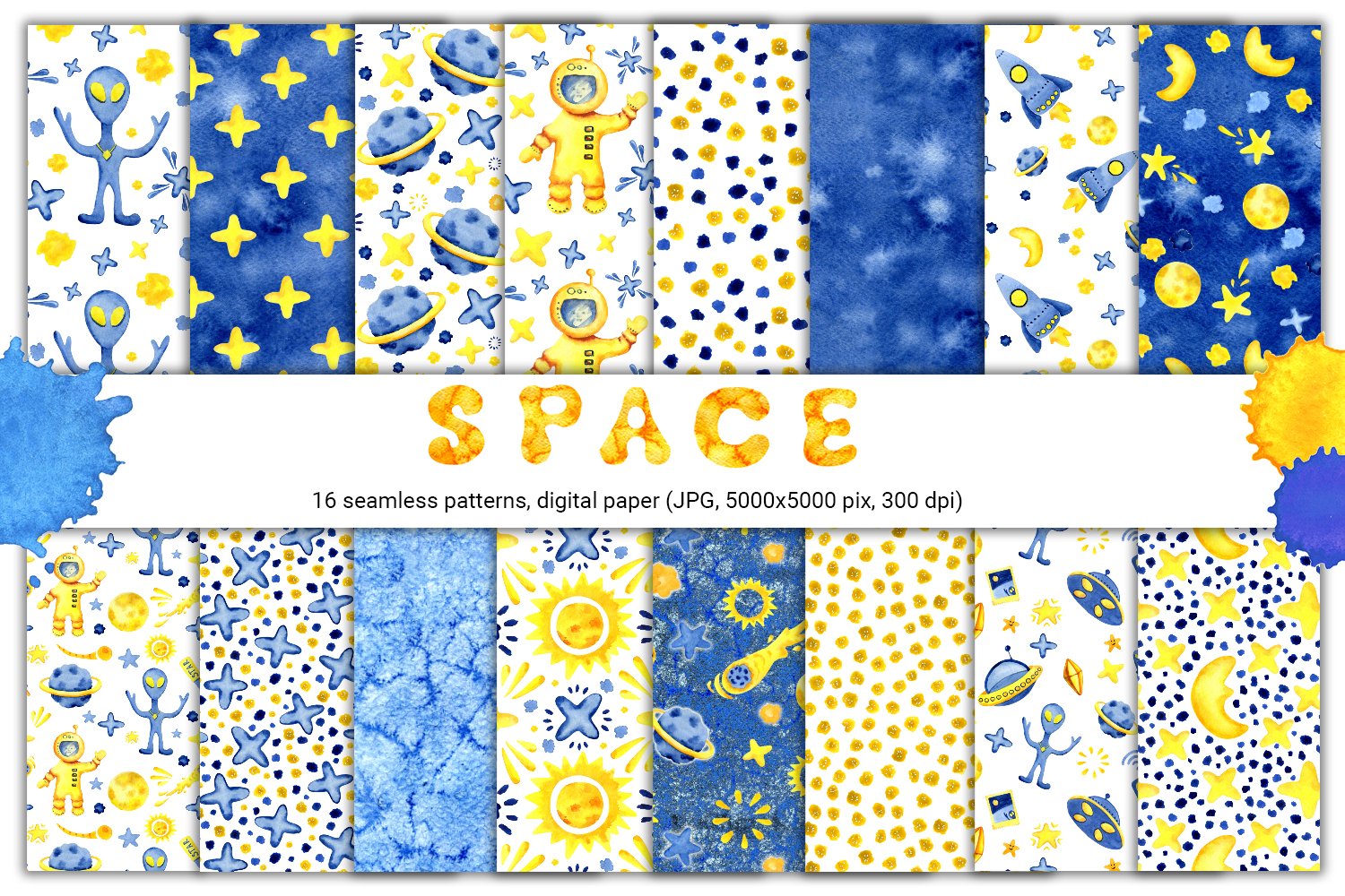 Space digital paper, seamless patterns for a boy, astronaut.