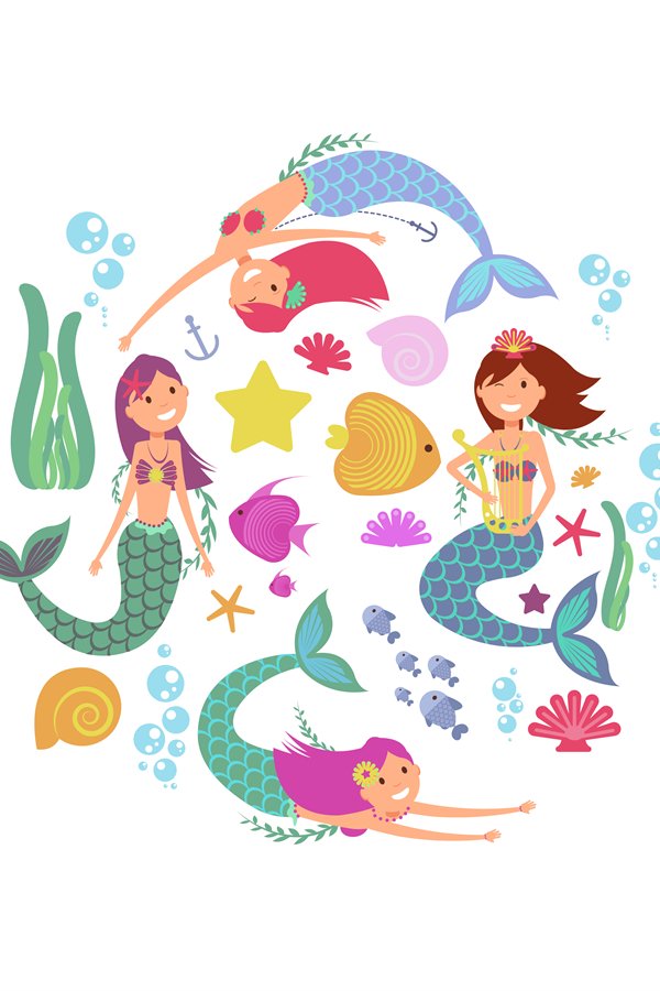 Cartoon swimming mermaids and sea underwater animals vector