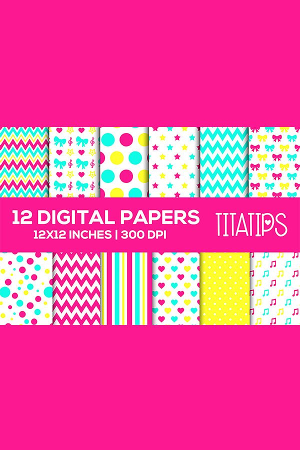 Bows and Stars Digital Papers Set, Hearts, Music Notes