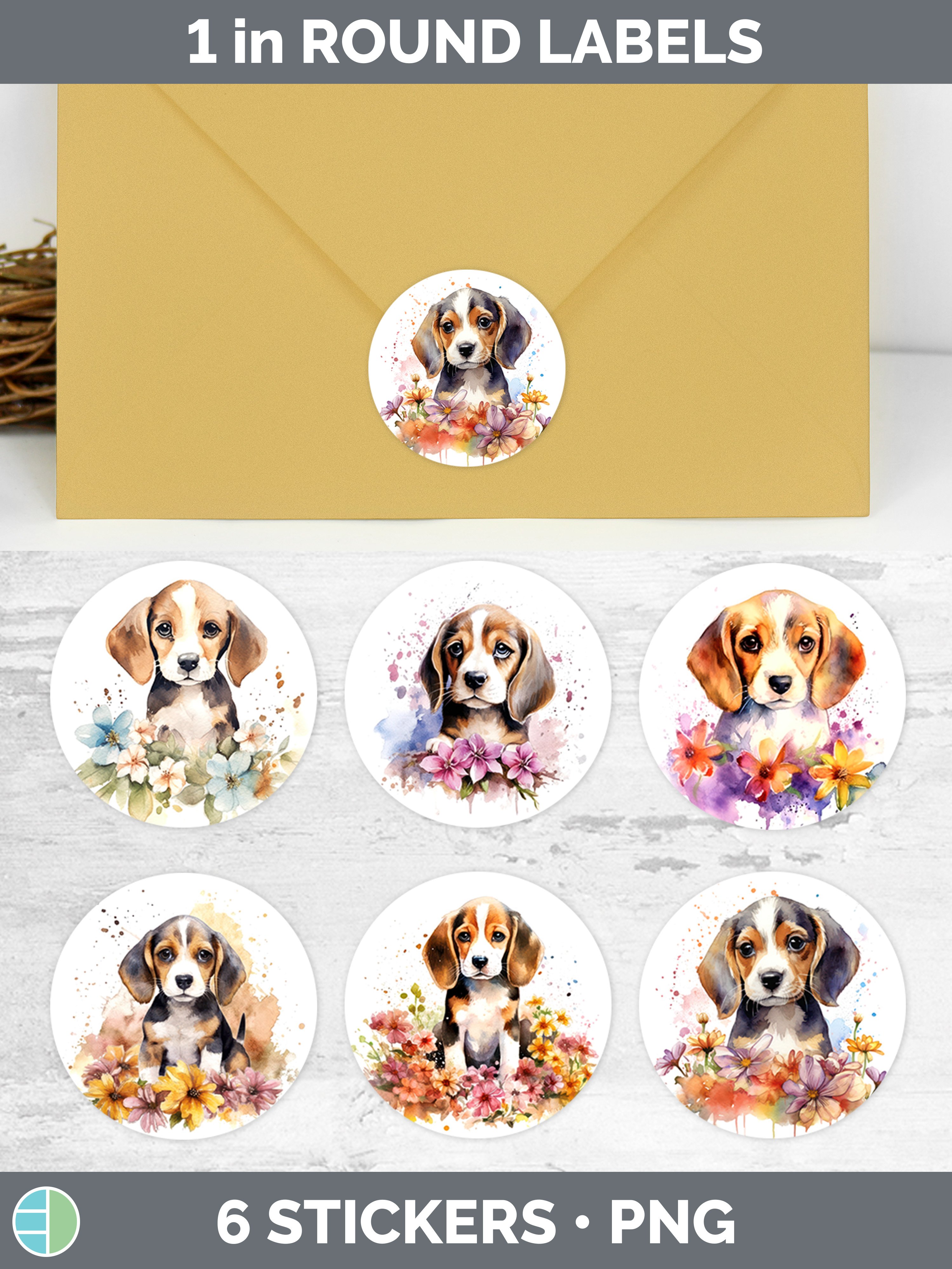 Watercolor Beagle Dog Stickers | Round Labels Designs Bundle