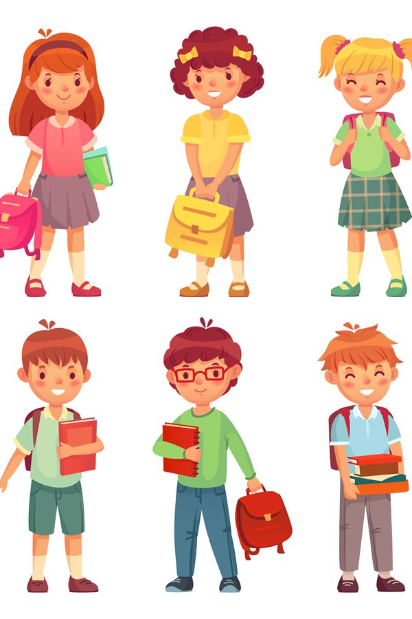 Primary school kids. Cartoon children pupils with backpack a