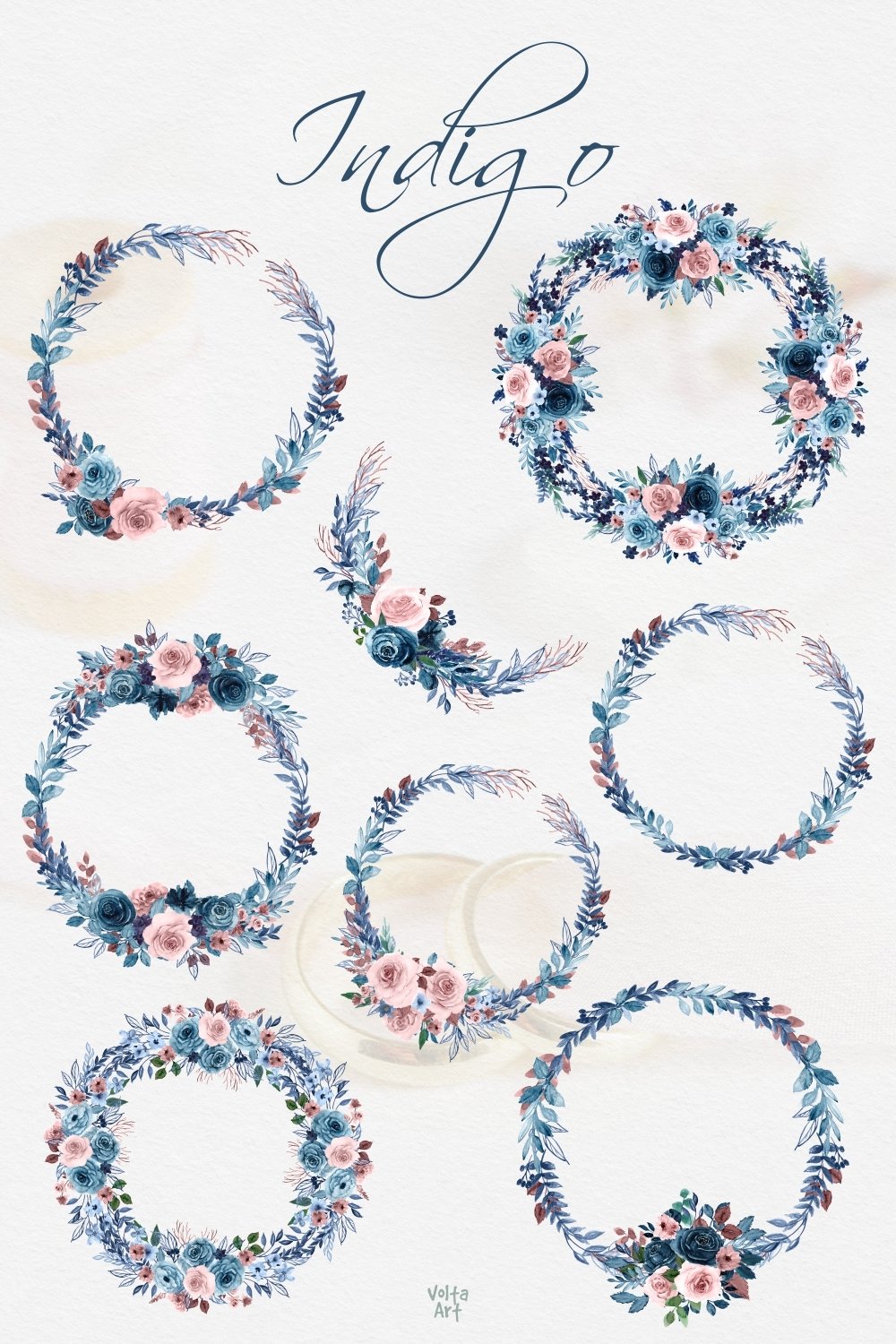 Watercolor Dusty Pink Indigo wreath, Rose Frame bundle