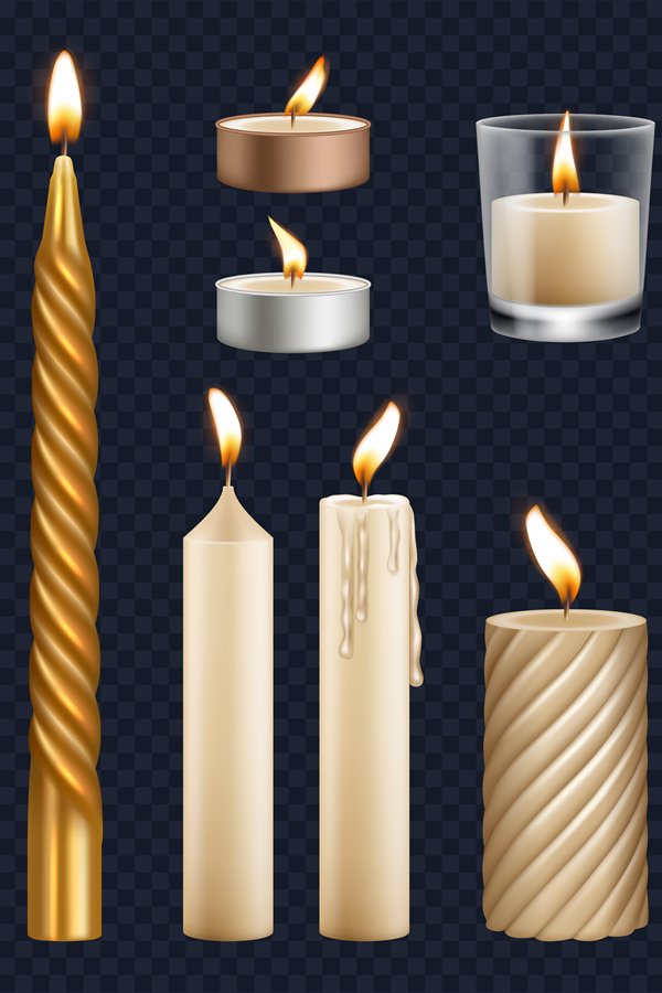 Realistic candles. Church wax candles collection birthday ce