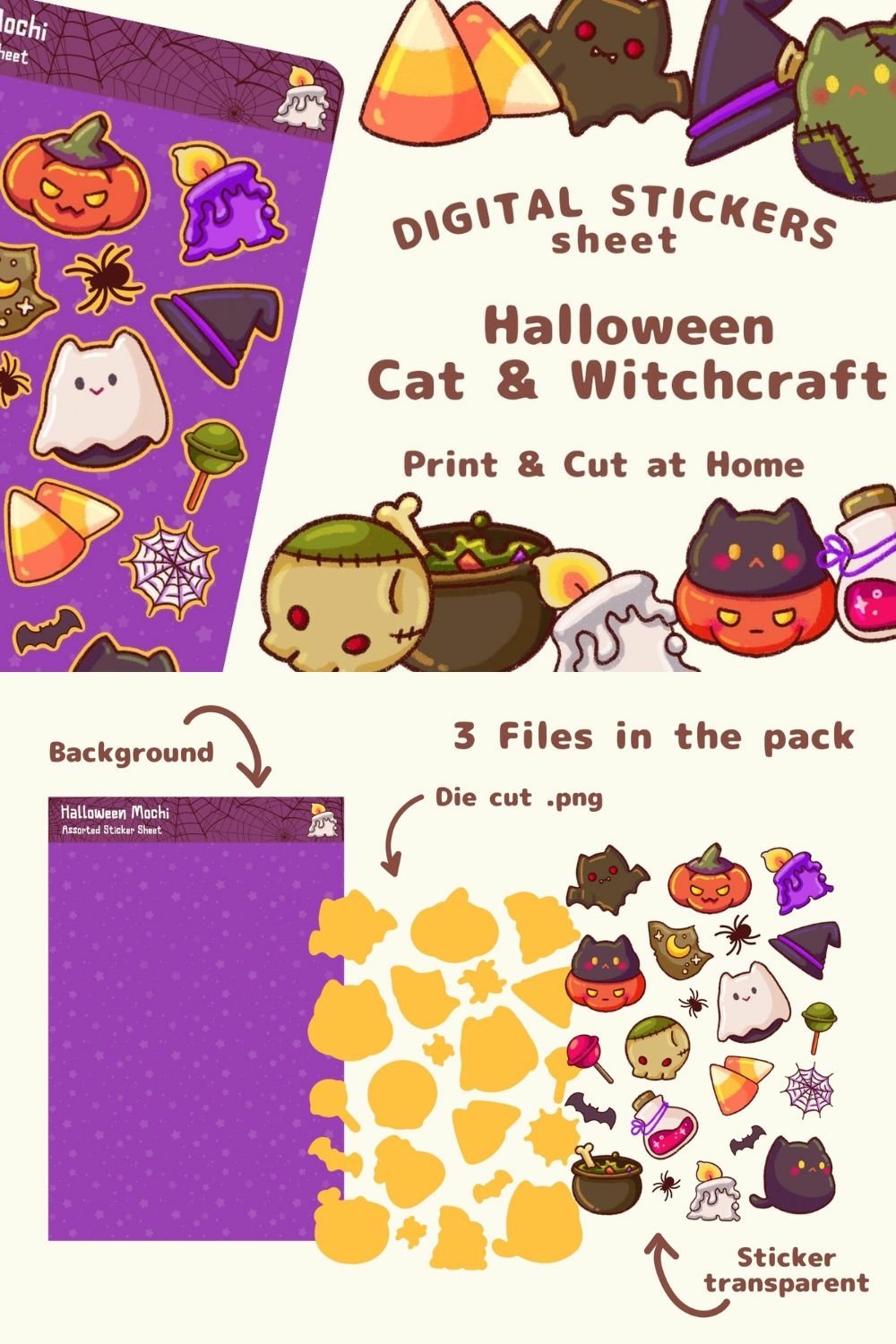Halloween Sticker Sheet | Cat & Witchcraft Digital stickers