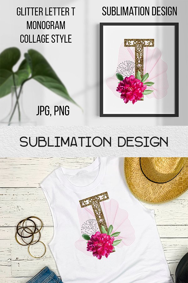 Gold lase letter T, Monogram collage, Sublimation design