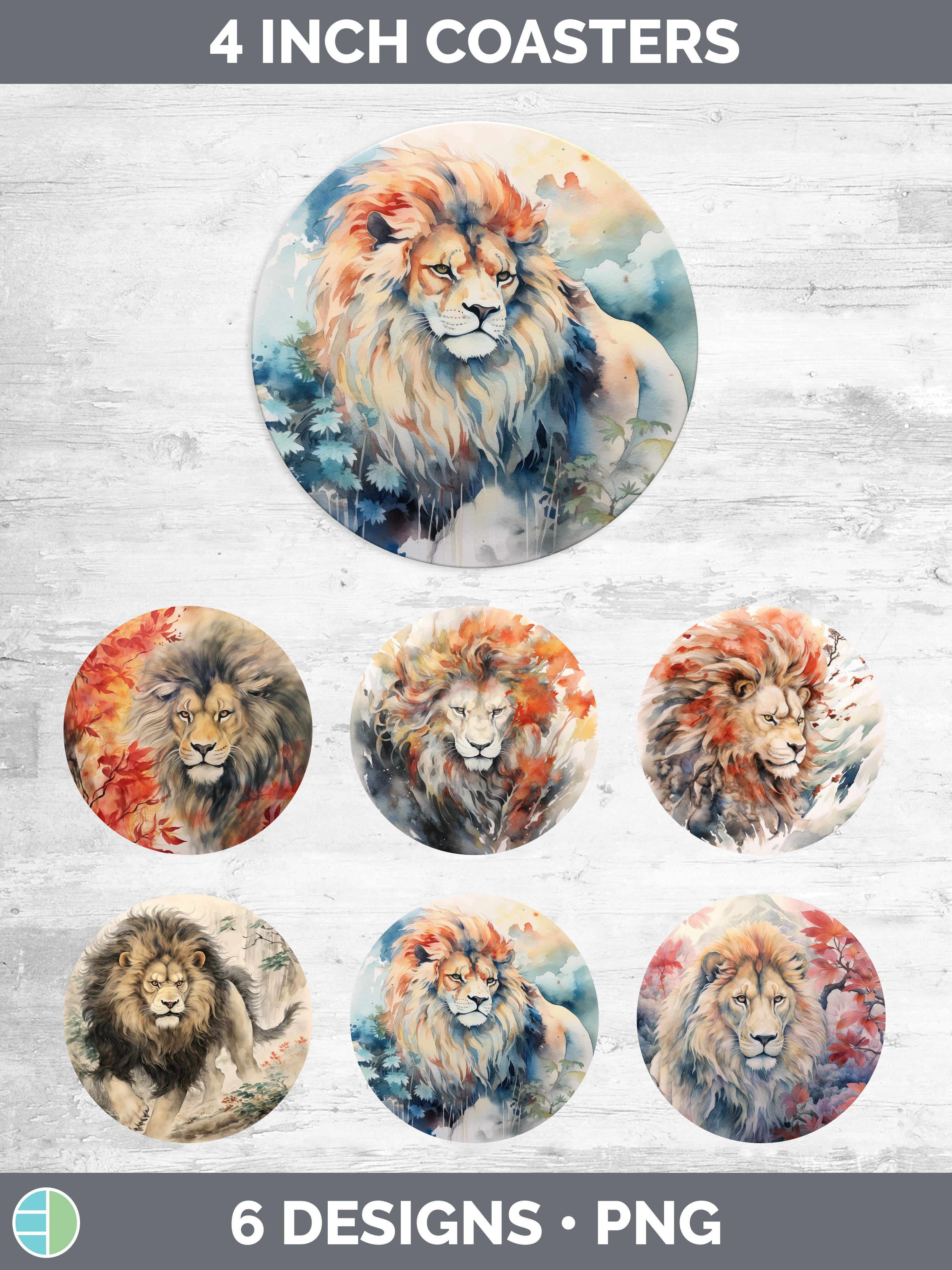 Japanese Watercolor Lion Round Coaster | Sublimation Coaster