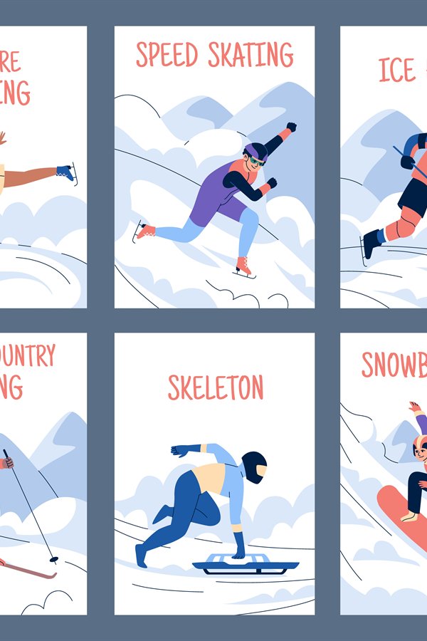 Winter sports cards. Ski and skating, snowboarding and hocke