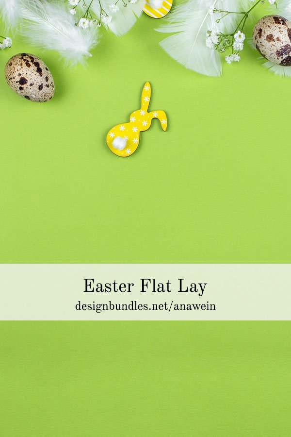 Easter flat lay mockup eggs bunny green border background.