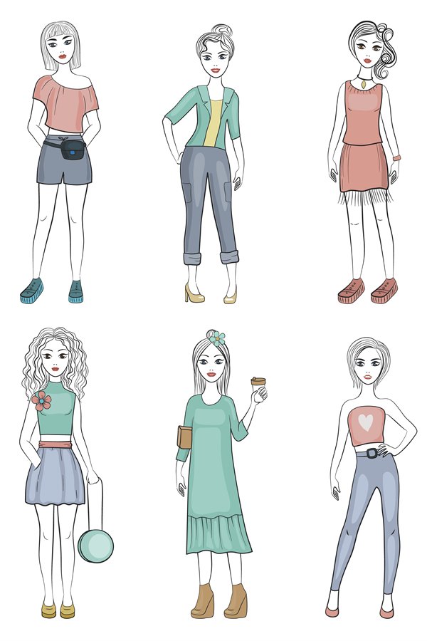 Fashion girls. Female young models standing posing with fash