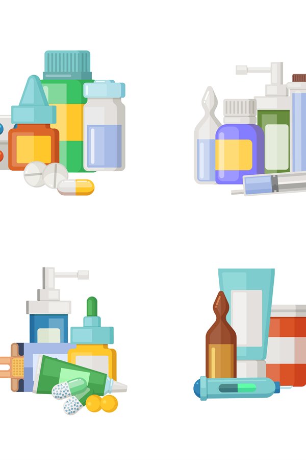 Vector cartoon medicines, potions and pills piles set