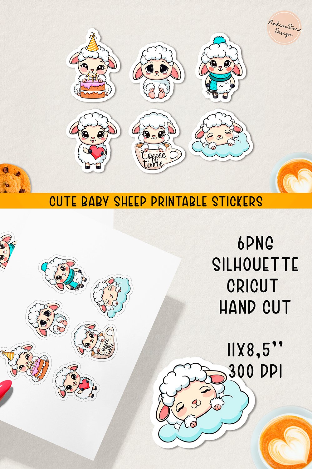 Cute baby sheep printable stickers. PNG, JPG.