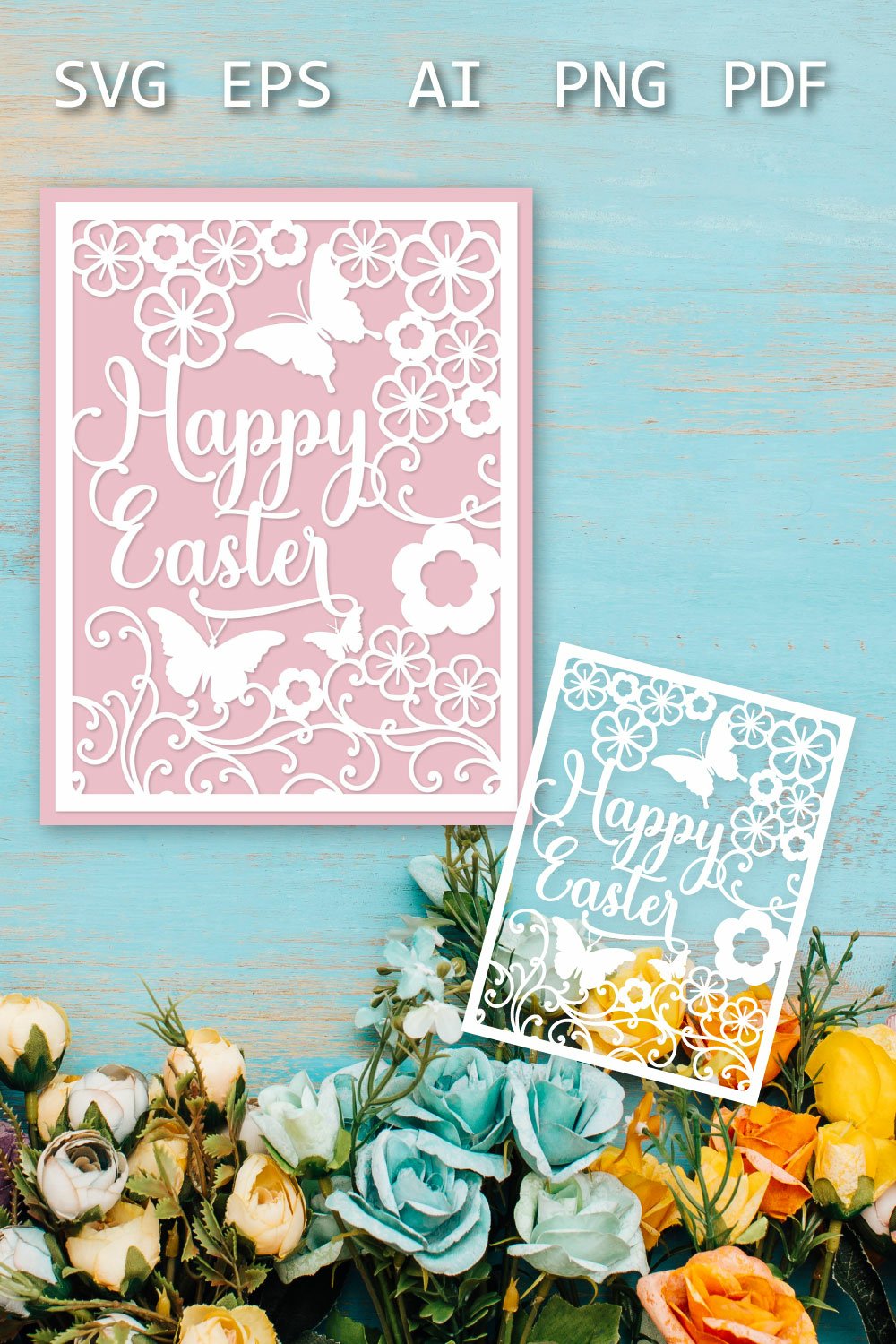 Happy Easter card with butterflies, paper cut template SVG