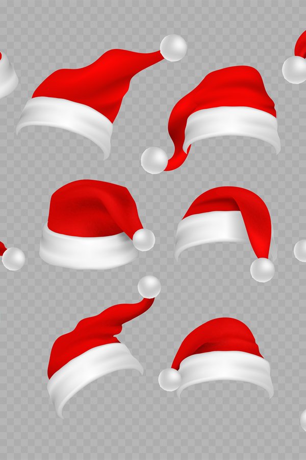 Big set of realistic Santa Hats isolated on transparent back