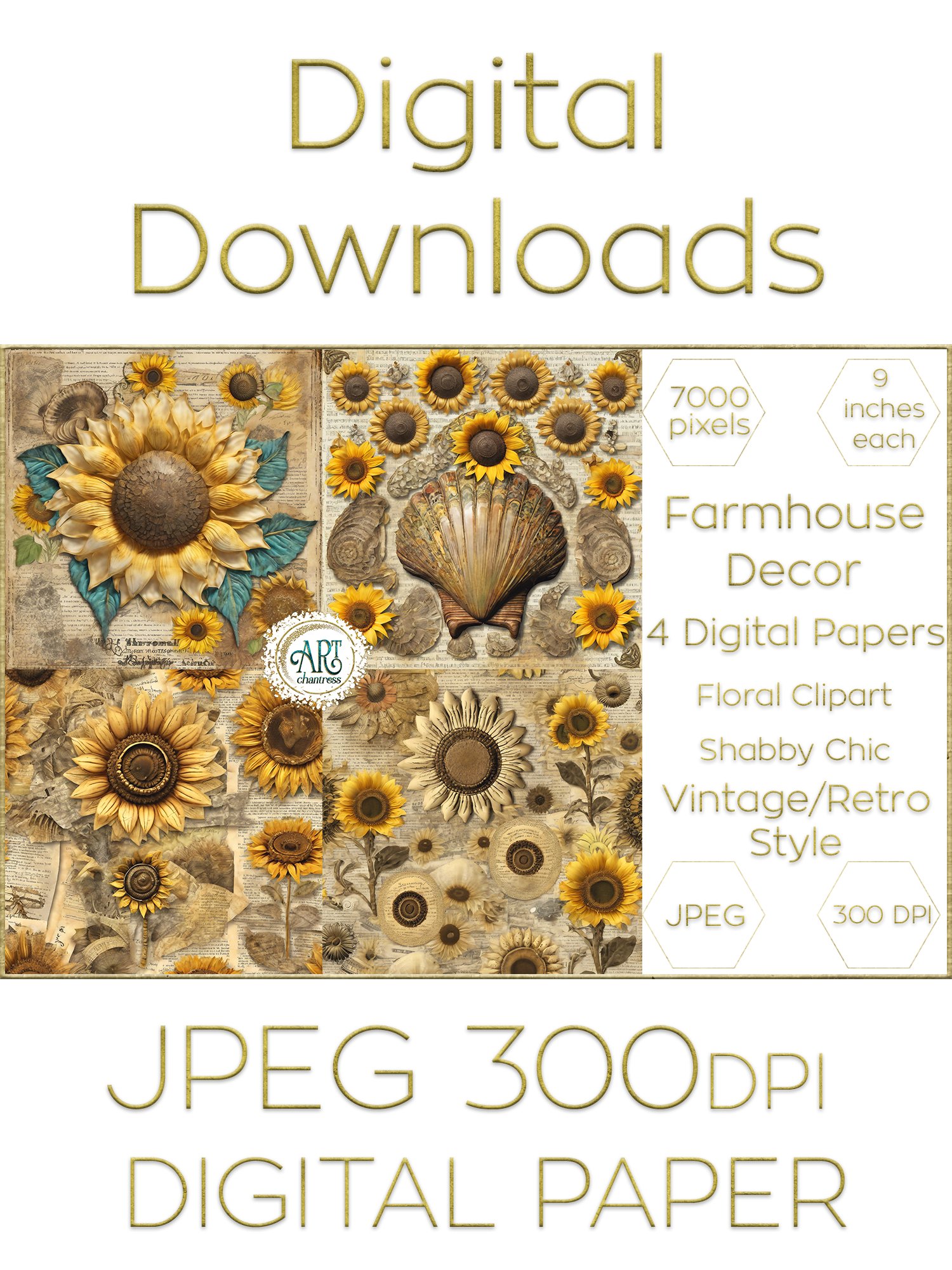 Watercolor Vintage Sunflower Floral Papers Digital (3375038)