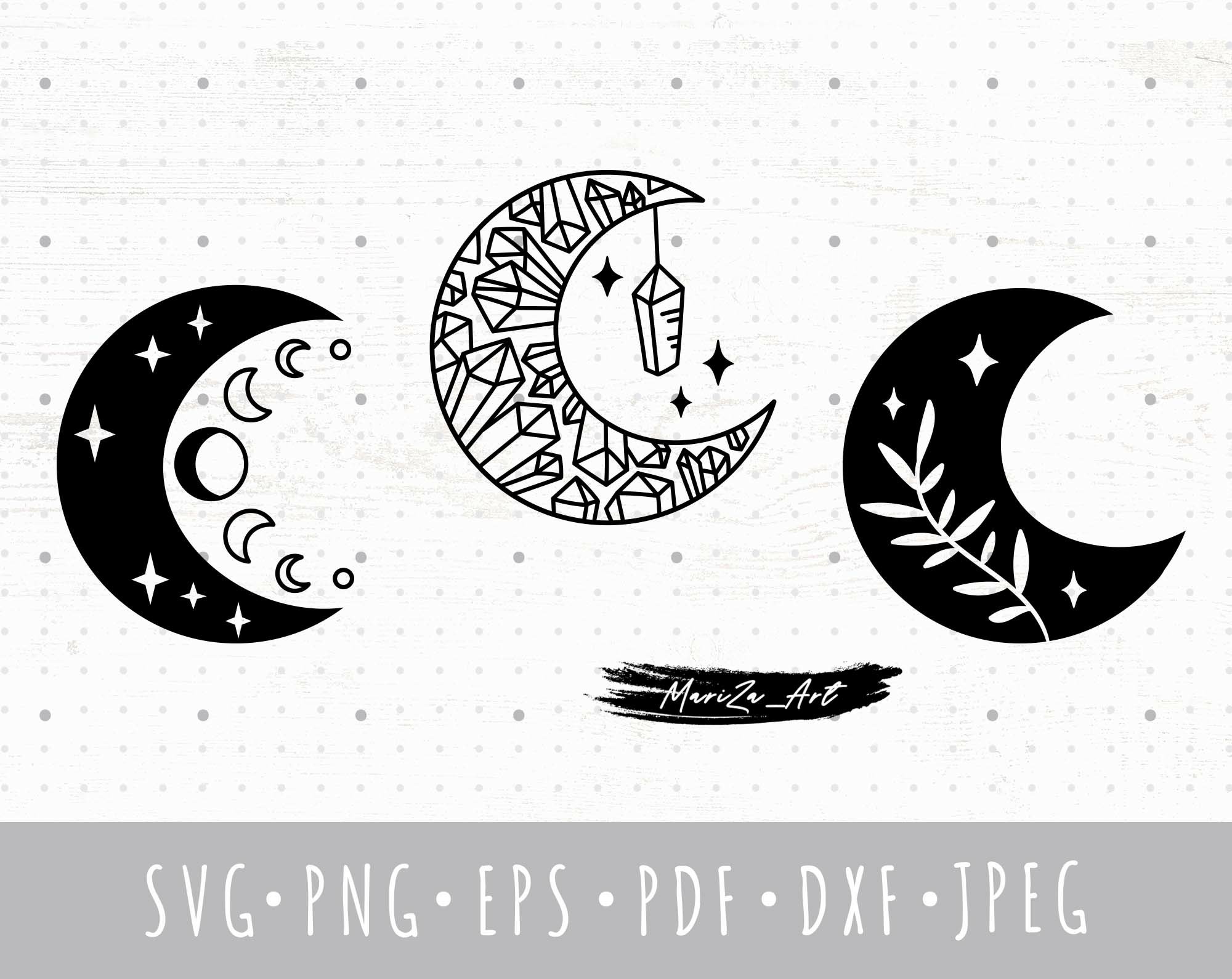 Floral Moon Boho Crystal moon SVG PNG bundle