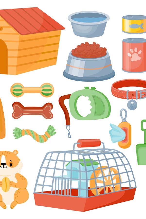 Cartoon pet food, accessories, care items, toys and treats.