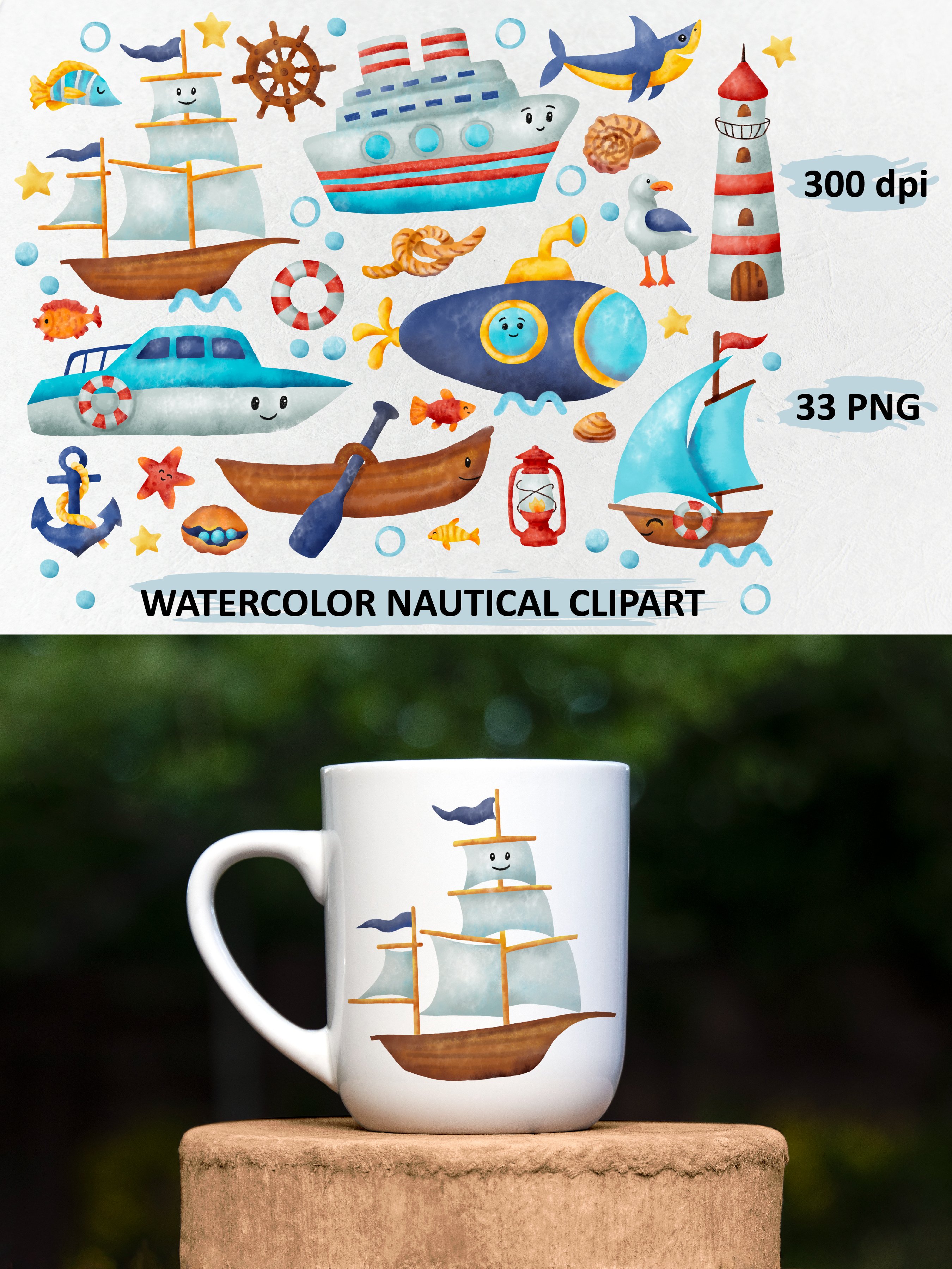 Watercolor nautical boats and ships clipart - 33 PNG files.