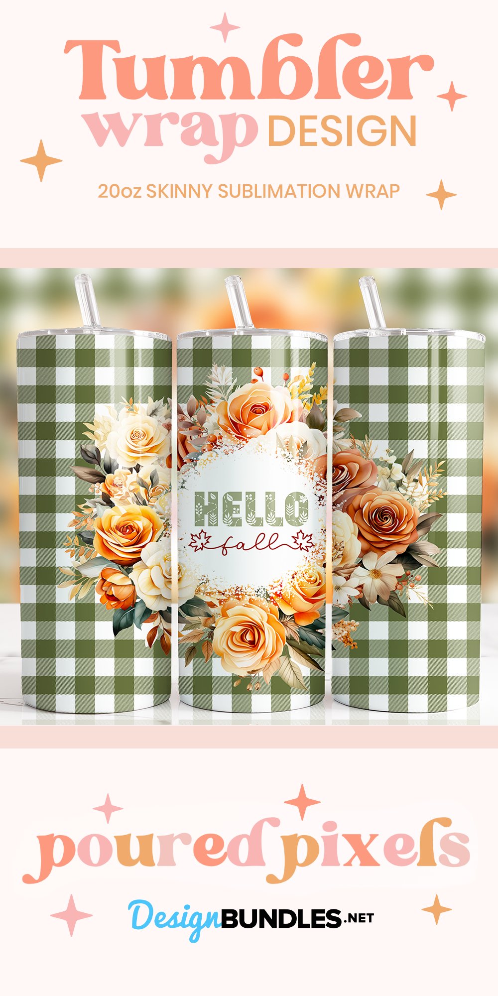 Hello Fall Green Gingham Tumbler Wrap Design