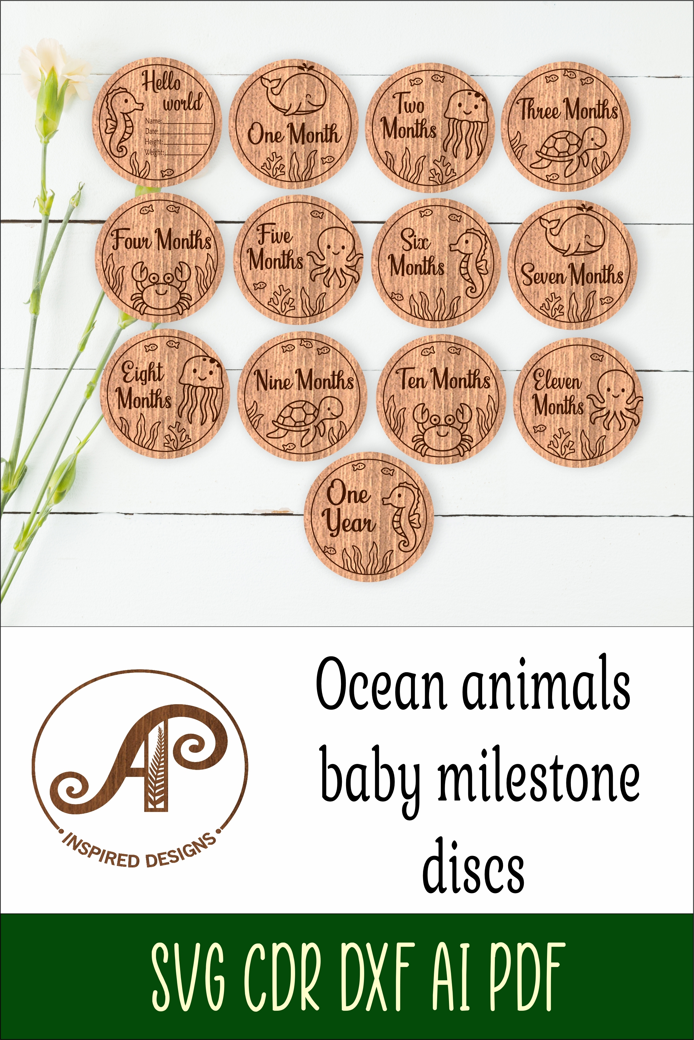 Ocean animals themed Baby monthly milestone discs SVG laser