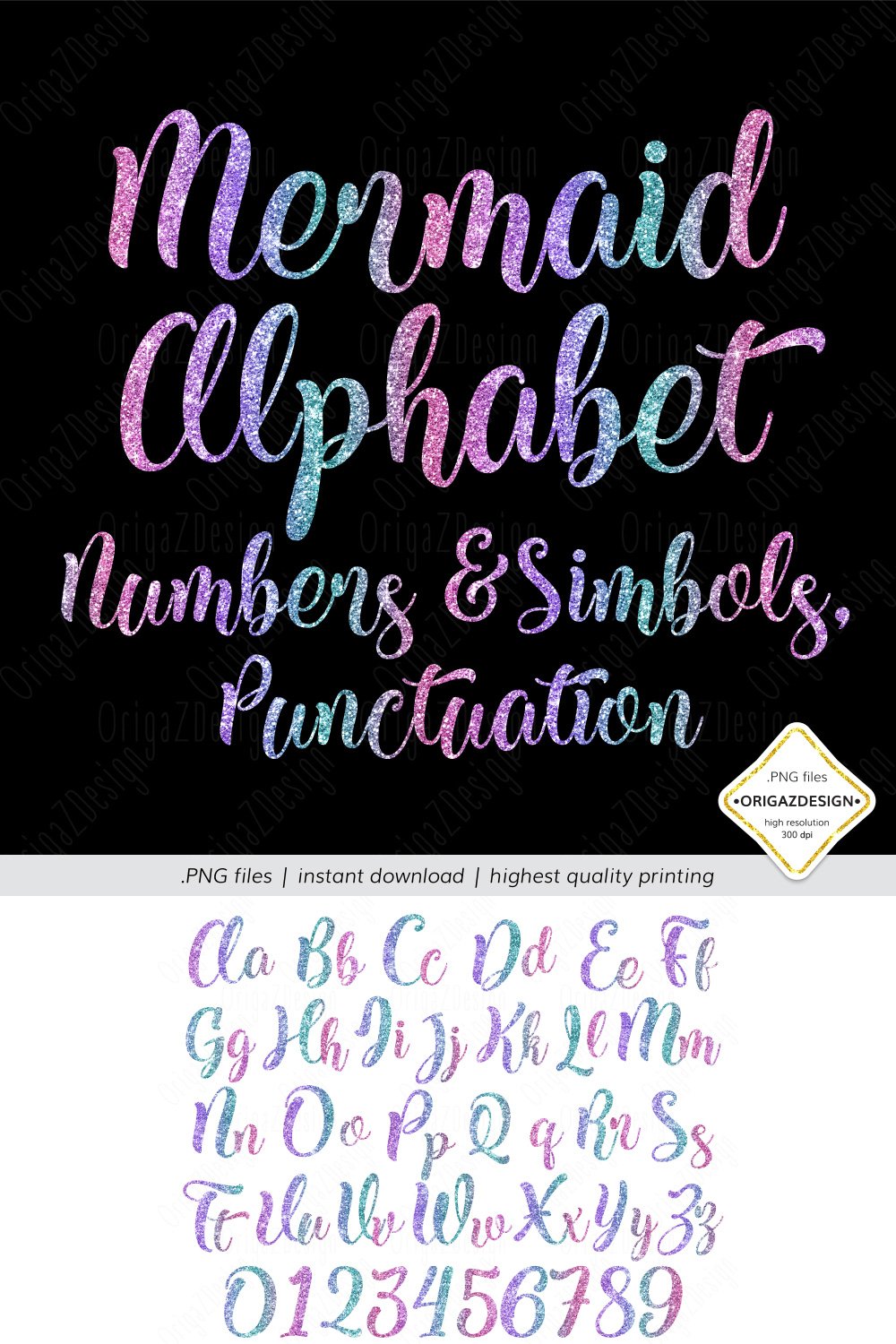 Mermaid Glitter Alphabet, Glitter letters numbers clipart