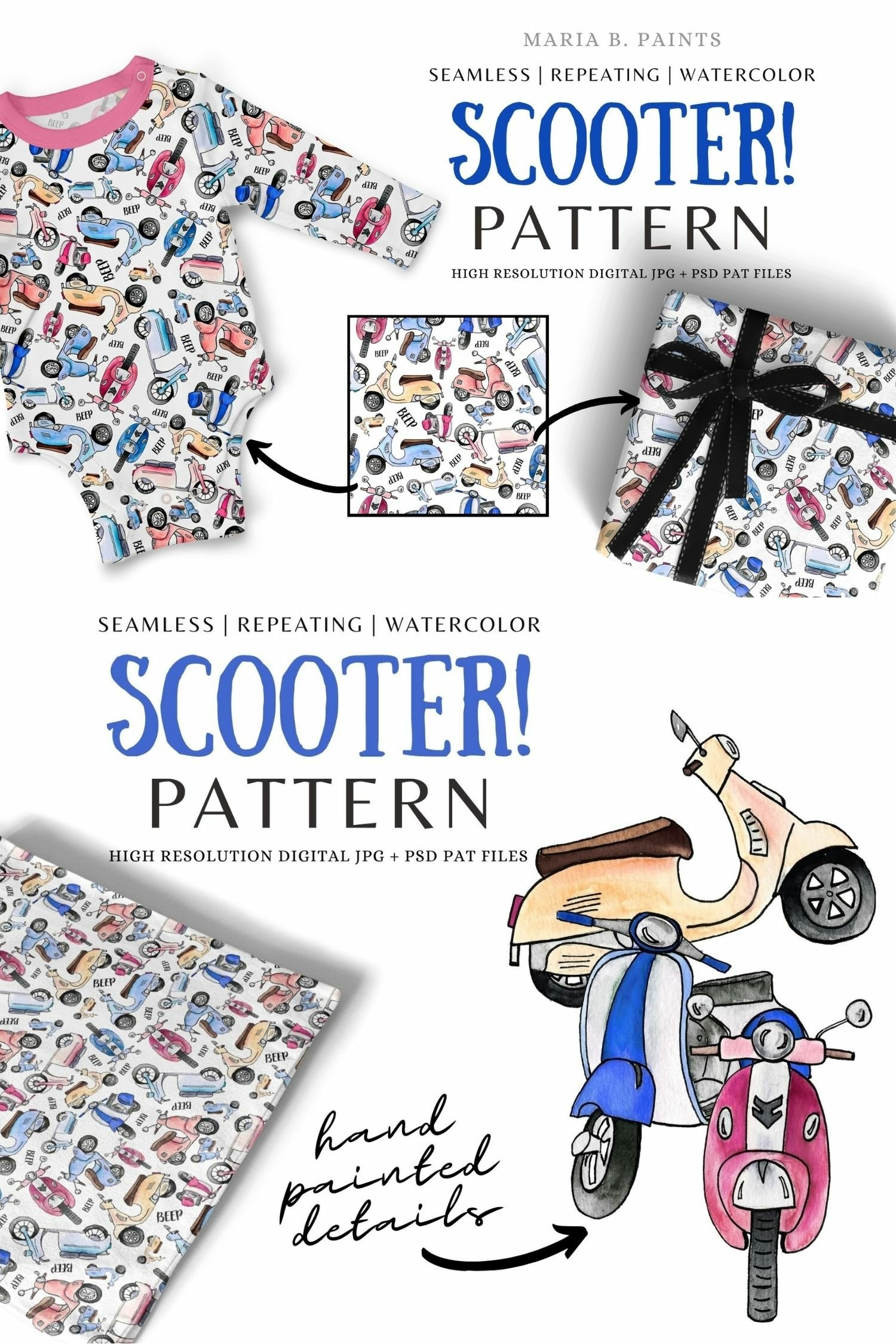 Scooter Pattern Seamless Repeating Moped Pattern JPG PAT