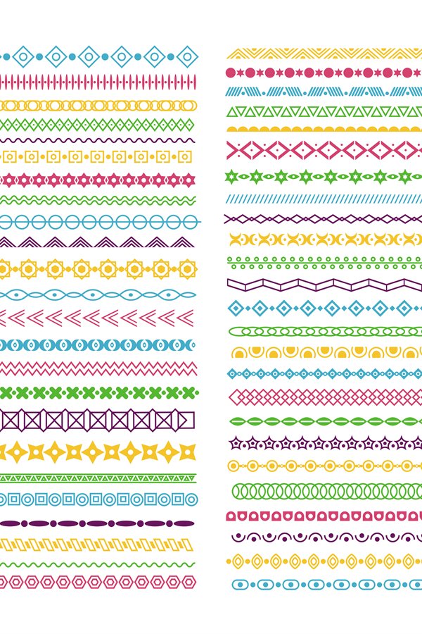 Line borders. Color pattern dividers with lines, circles and