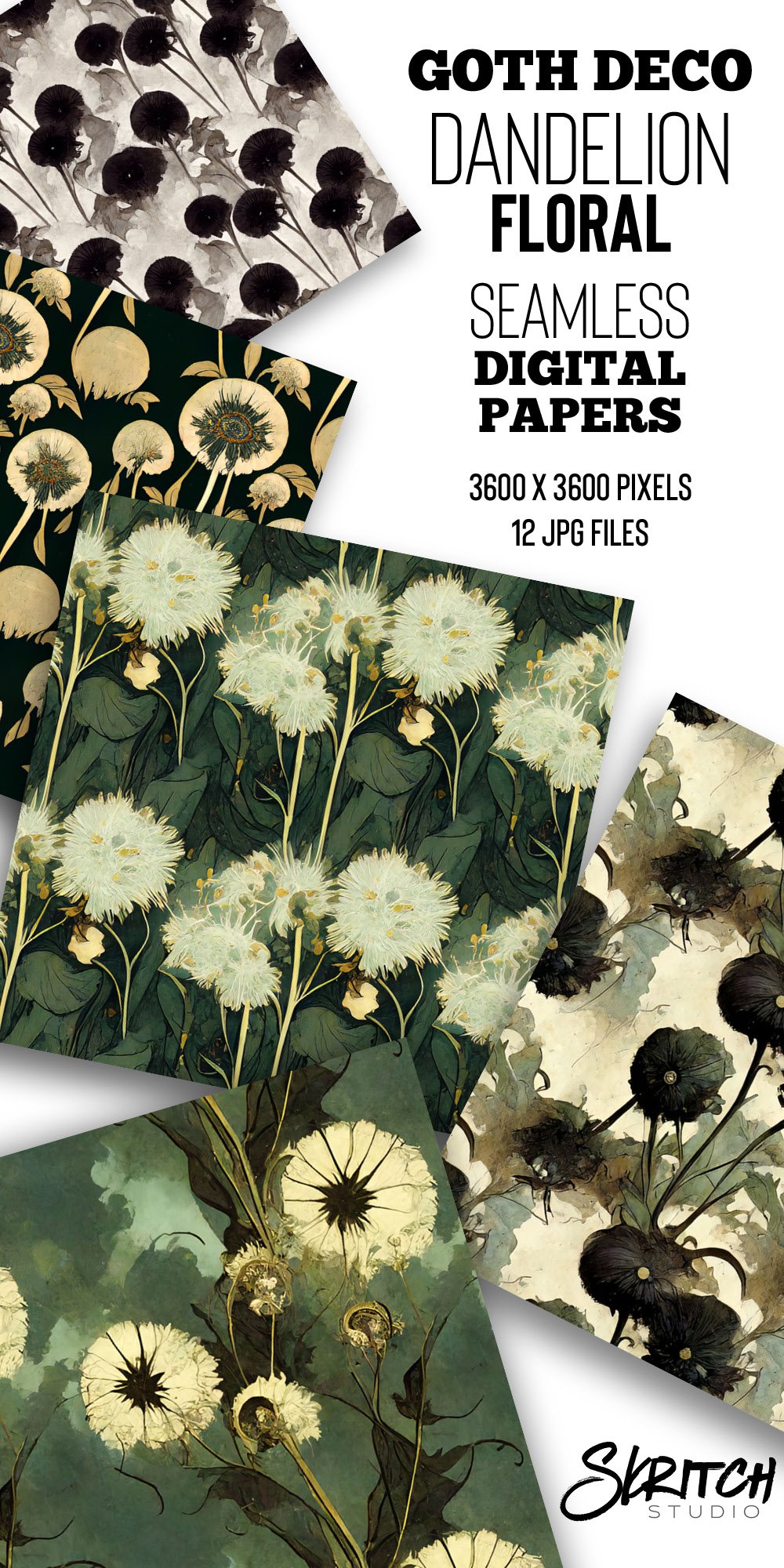 Goth Deco Dandelion Seamless Patterns Digital Paper