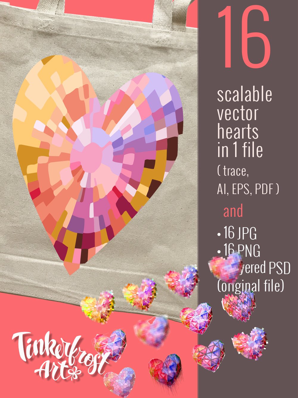 16 scalable pink faceted vector hearts