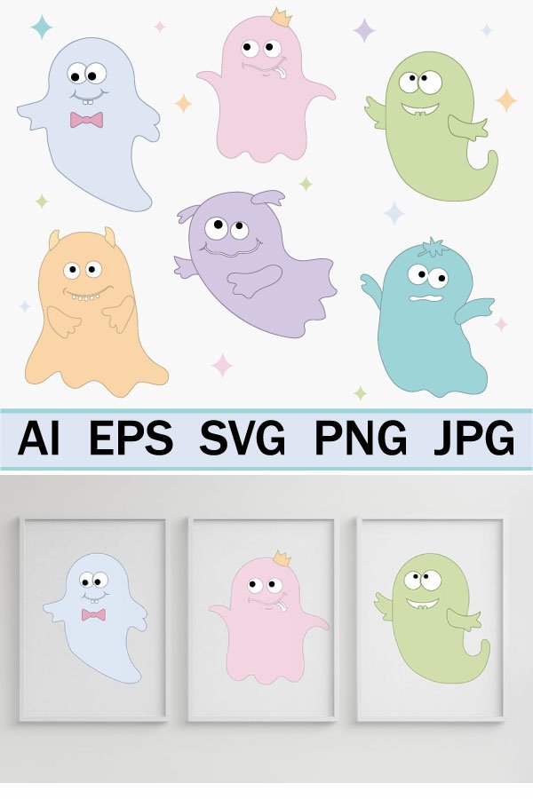 Ghosts with cute faces for the Halloween holiday, clipart