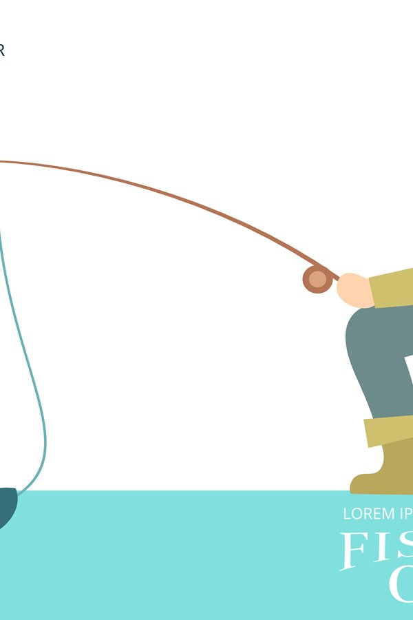 Fishing banner design with fisherman, fish and equipment